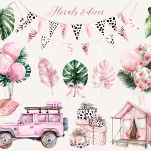 Pink Safari Animals Clipart: Watercolor Jungle Set (PNG Digital ...