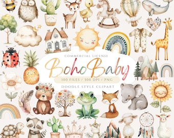 Boho Baby Clipart, Cute Boho Doodle Clipart Bundle, Boho Nursery Animal ...