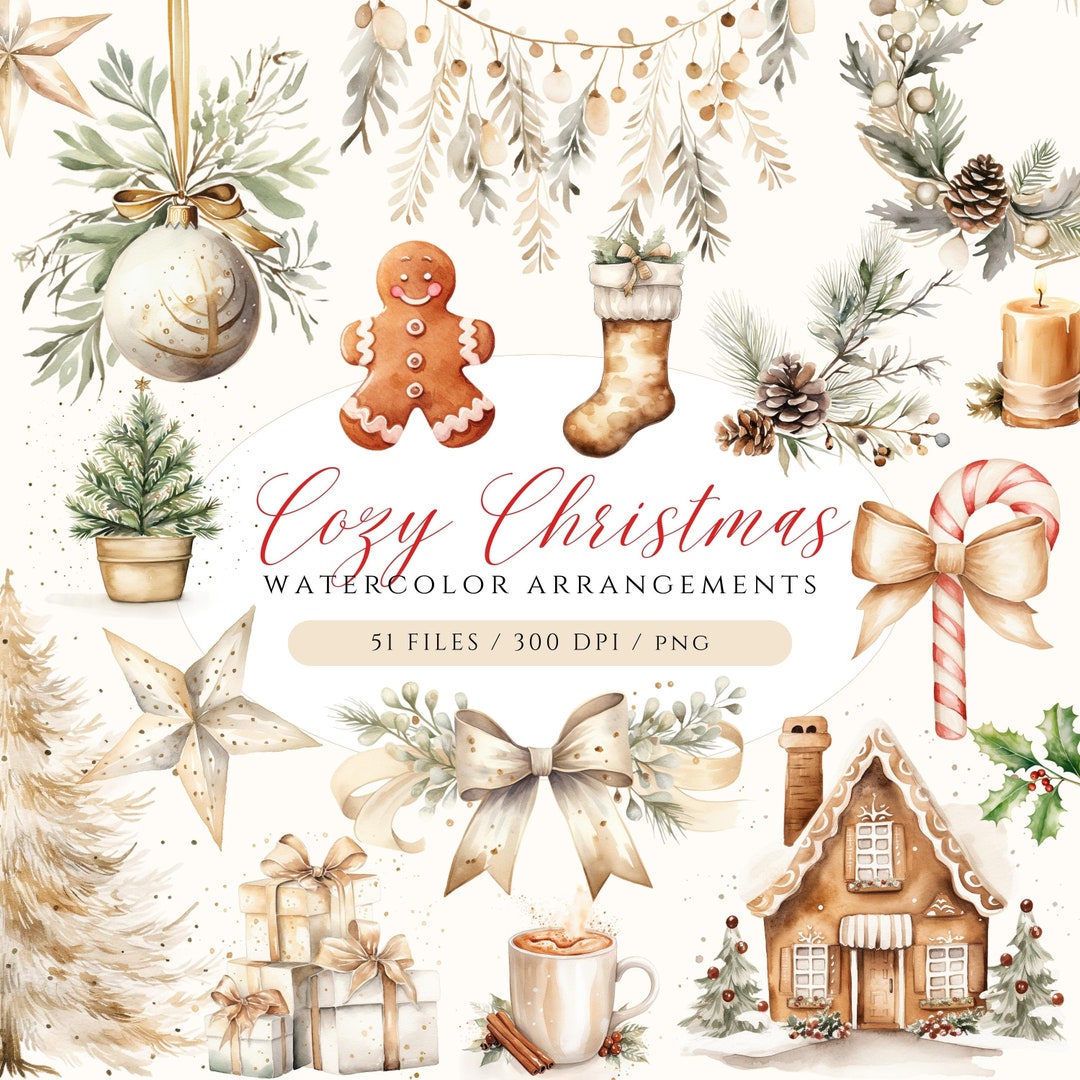Watercolor Christmas Clipart Bundle: Cozy Holiday PNG (digital Download ...