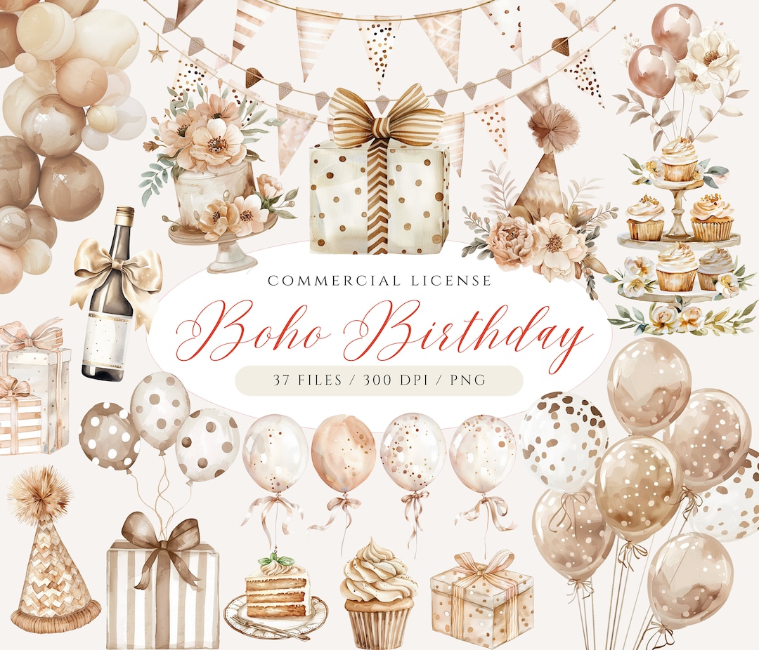 Watercolor Boho Birthday Clipart: Neutral Balloons, Cake (PNG Digital ...