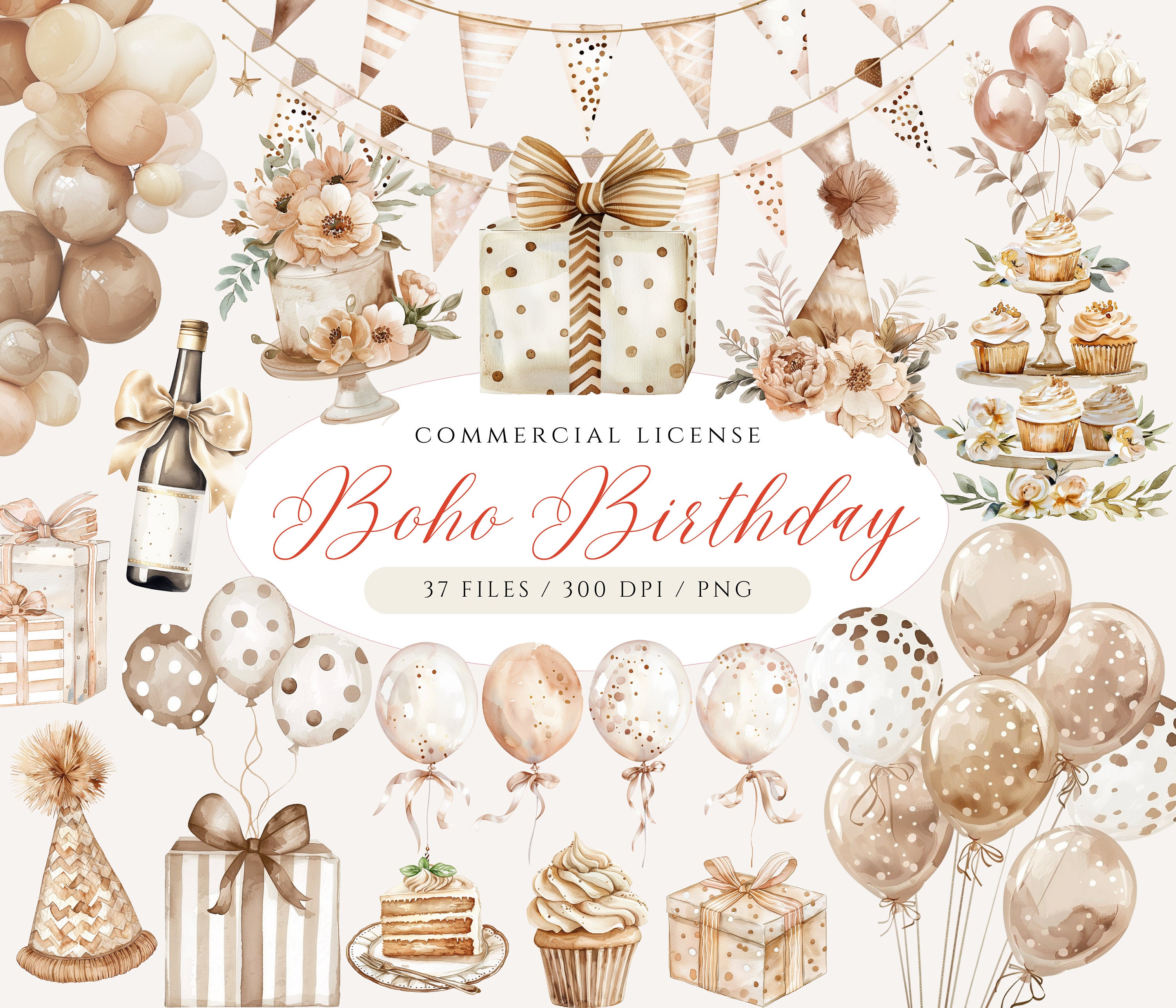 Watercolor Boho Birthday Clipart: Neutral Balloons, Cake (PNG Digital ...