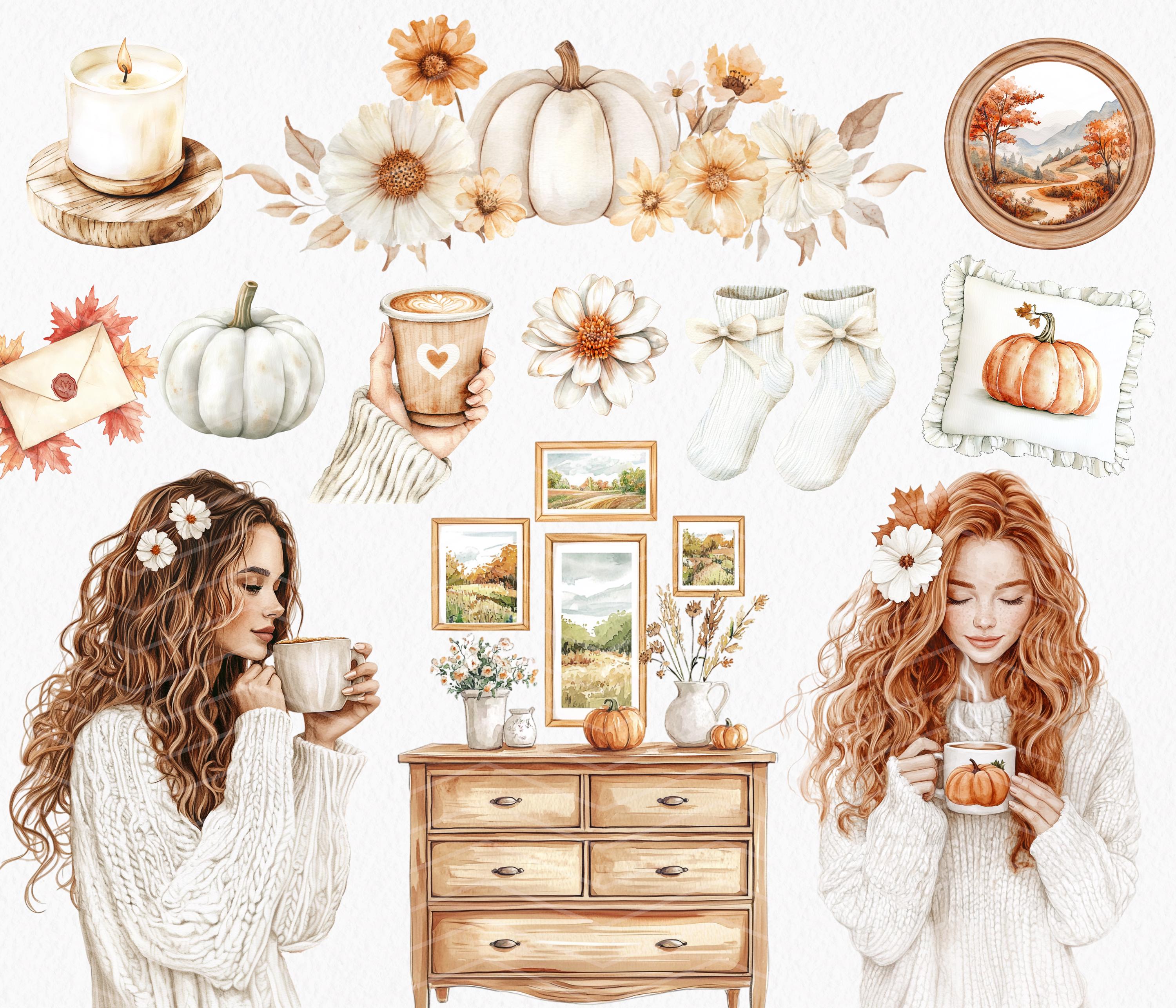 Boho Fall Clipart Bundle: Neutral Autumn PNG, Watercolor Flowers ...
