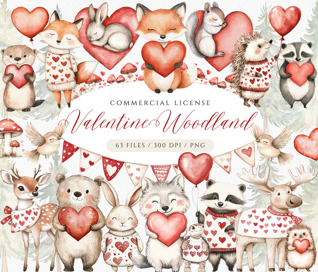Valentine Woodland Animal Clipart: Boho Nursery Art (digital Download ...