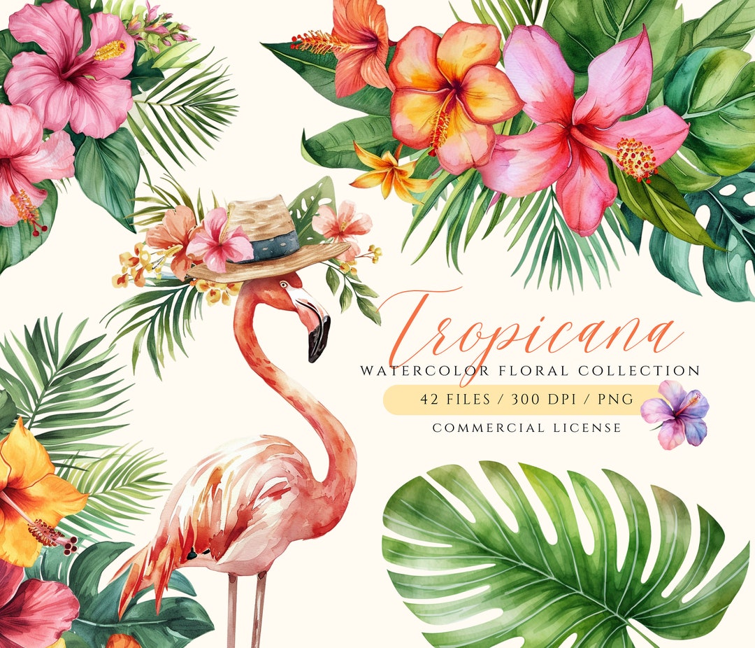 Tropical Clipart Watercolor, Tropicana, Flamingo Clipart, Tropical ...