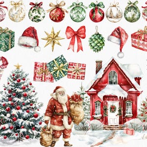 Watercolor Christmas Clipart: Red Ornaments, Wreath PNG (digital ...