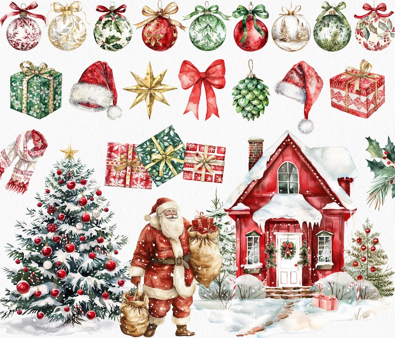 Watercolor Christmas Clipart: Red Ornaments, Wreath PNG (digital ...