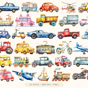 Watercolor Transportation Clipart: Vehicle Graphics (digital Download ...