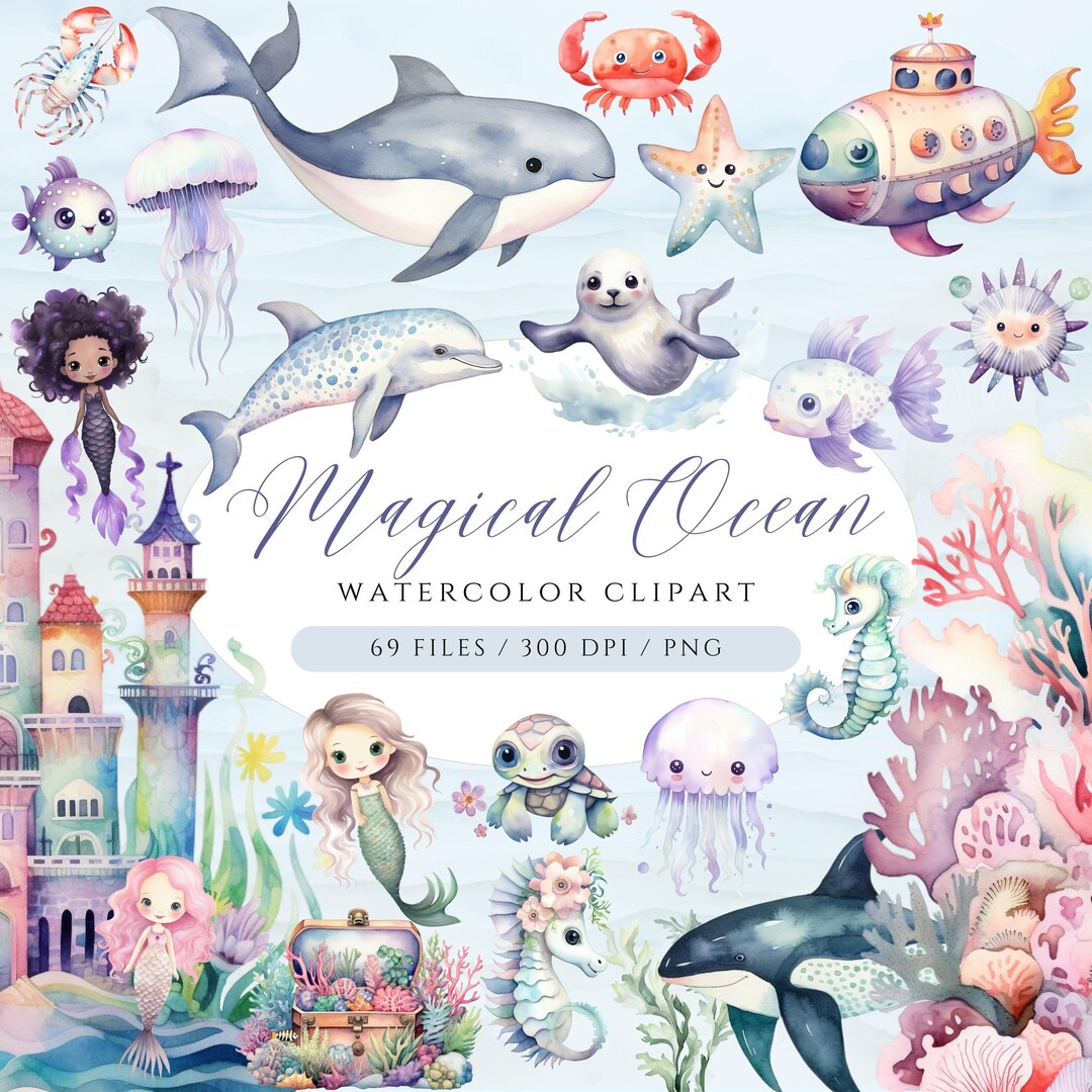 Pastel Watercolor Mermaid Clipart: Sea Animals PNG (digital Download ...