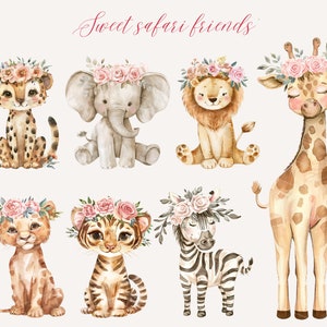 Pink Safari Animals Clipart: Watercolor Jungle Set (PNG Digital ...