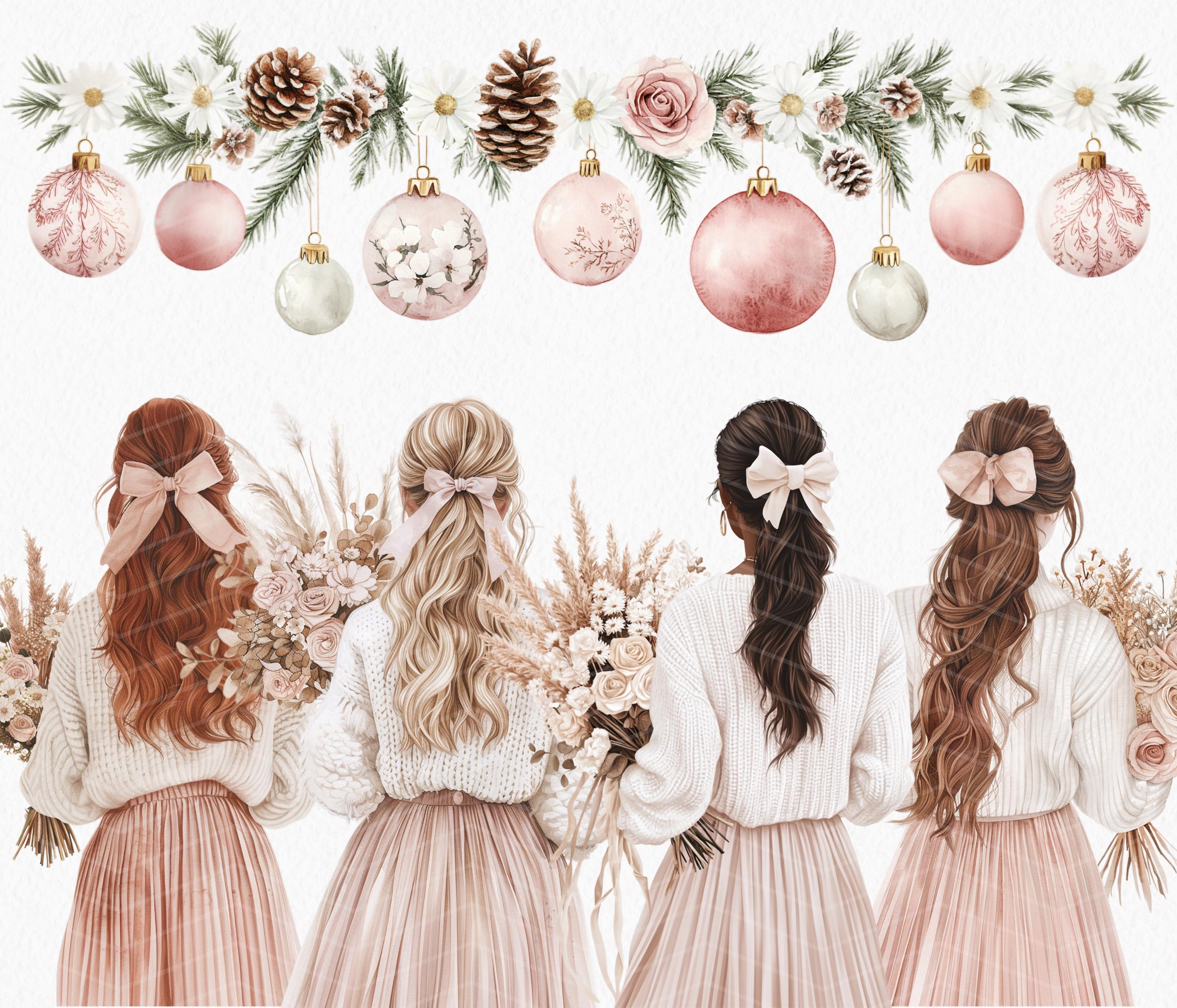 Boho Pink Christmas Clipart Bundle: Feminine Floral PNG (digital ...
