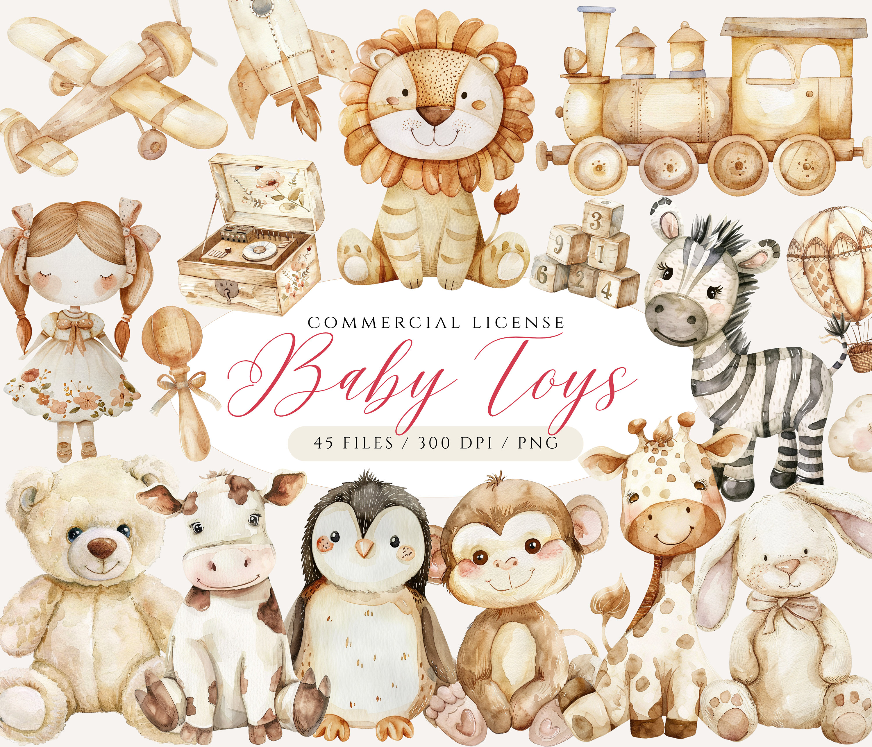 Watercolor Baby Toys Clipart: Boho Neutral Nursery (PNG Digital ...