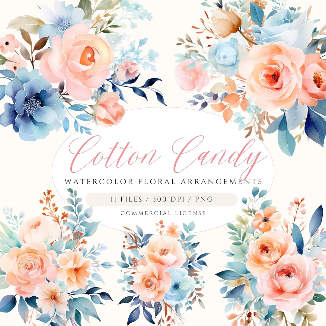 Dusty Blue & Peach Floral Clipart: Watercolor Flower PNG (digital ...