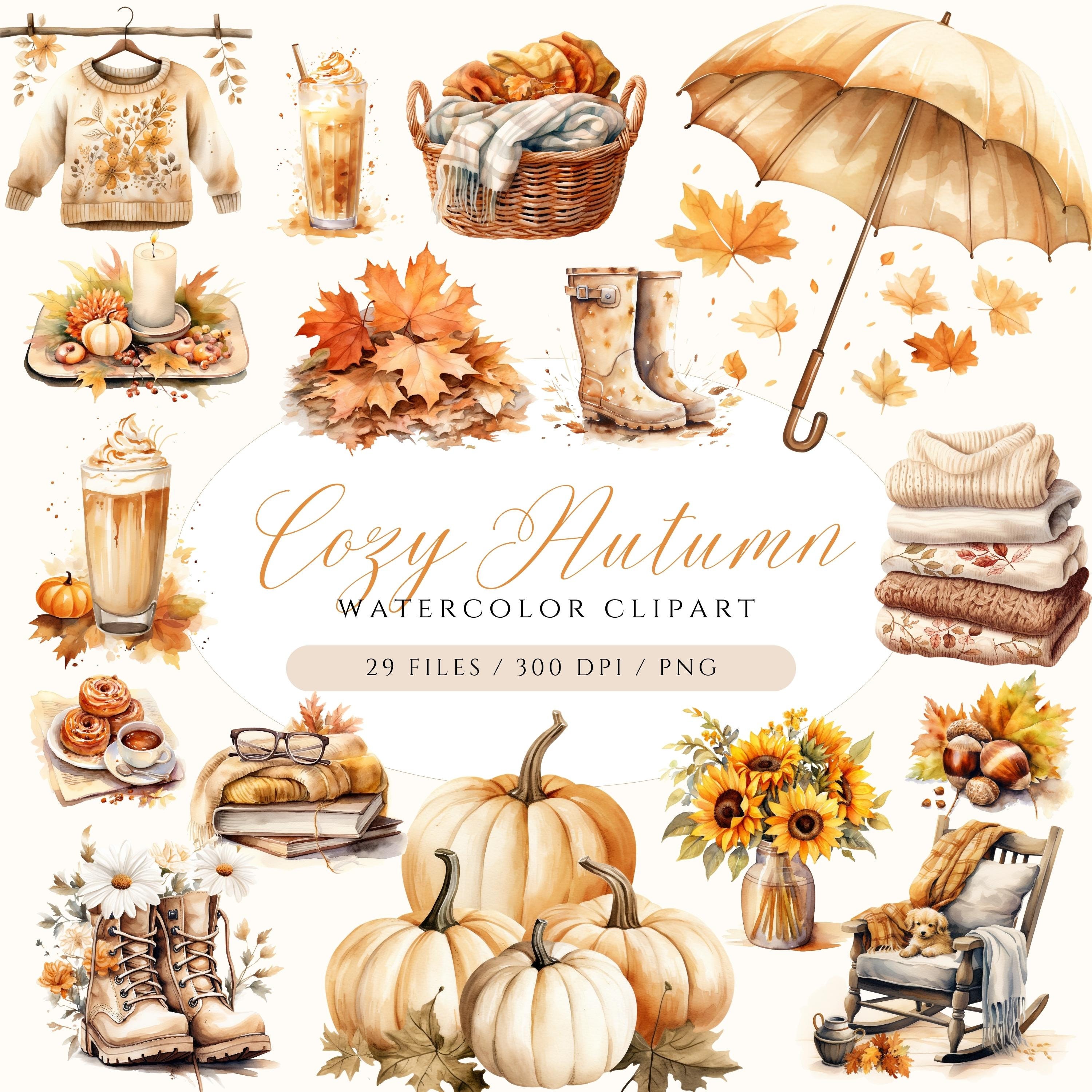 Watercolor Autumn Clipart Bundle: Cozy Fall Graphics (digital Download ...