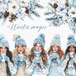 Blue Winter Watercolor Clipart Bundle: Cozy Christmas PNG (digital ...