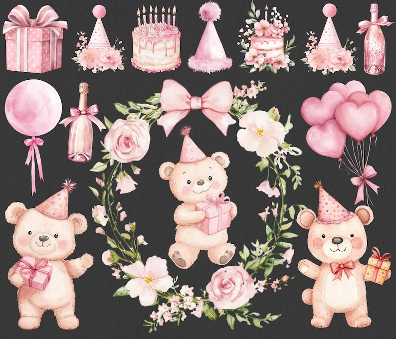 Watercolor Pink Birthday Clipart: Boho Party Graphics (digital Download ...