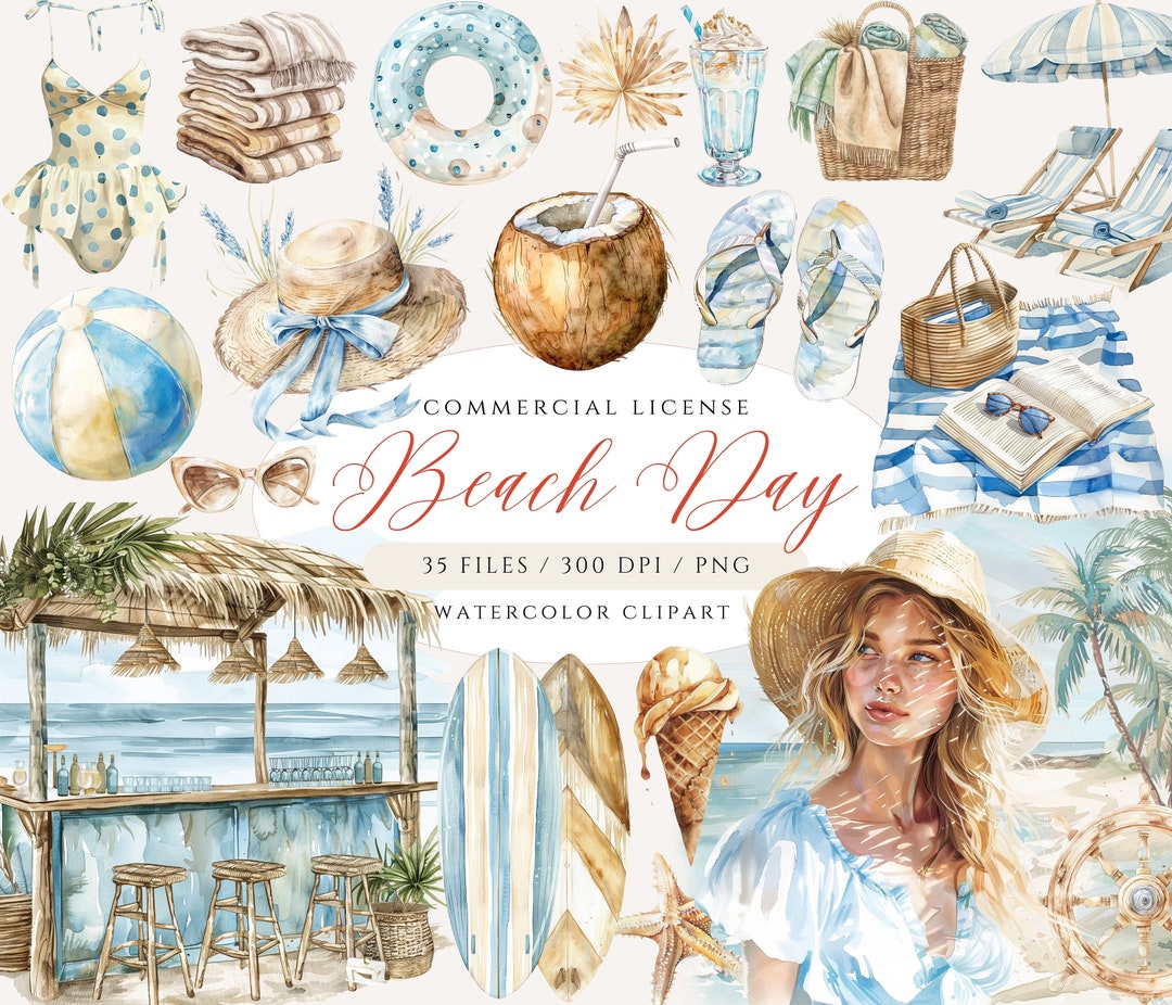 Watercolor Summer Clipart Bundle, Ocean Lover, Beach Holiday Clipart ...