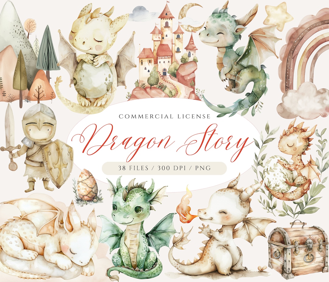 Neutral Dragon Watercolor Clipart, Cute Dragon PNG, Little Kingdom ...