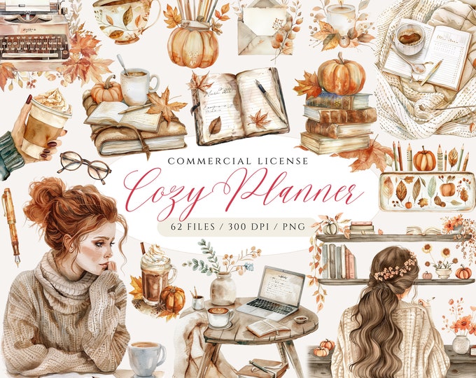 Cozy Autumn Planner Clipart Bundle, Watercolor Cozy Autumn Clipart ...