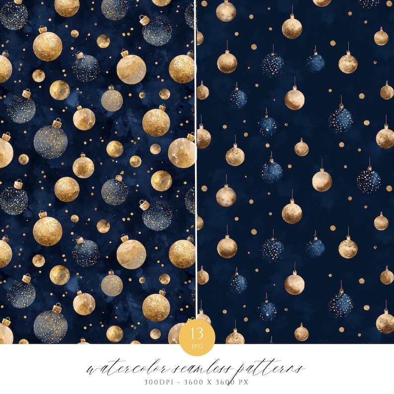 Navy Christmas Seamless Patterns, Watercolor Starry Night Christmas ...