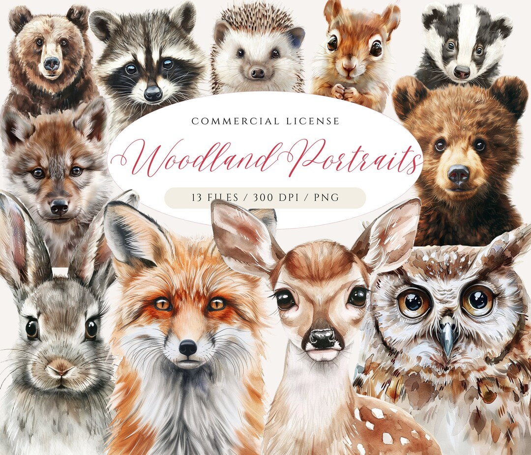 Woodland Animal Portraits, Woodland Clipart, Watercolor Woodland ...