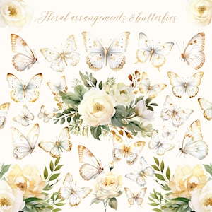 Watercolor Butterfly Clipart: White & Gold PNG Graphics (commercial Use ...