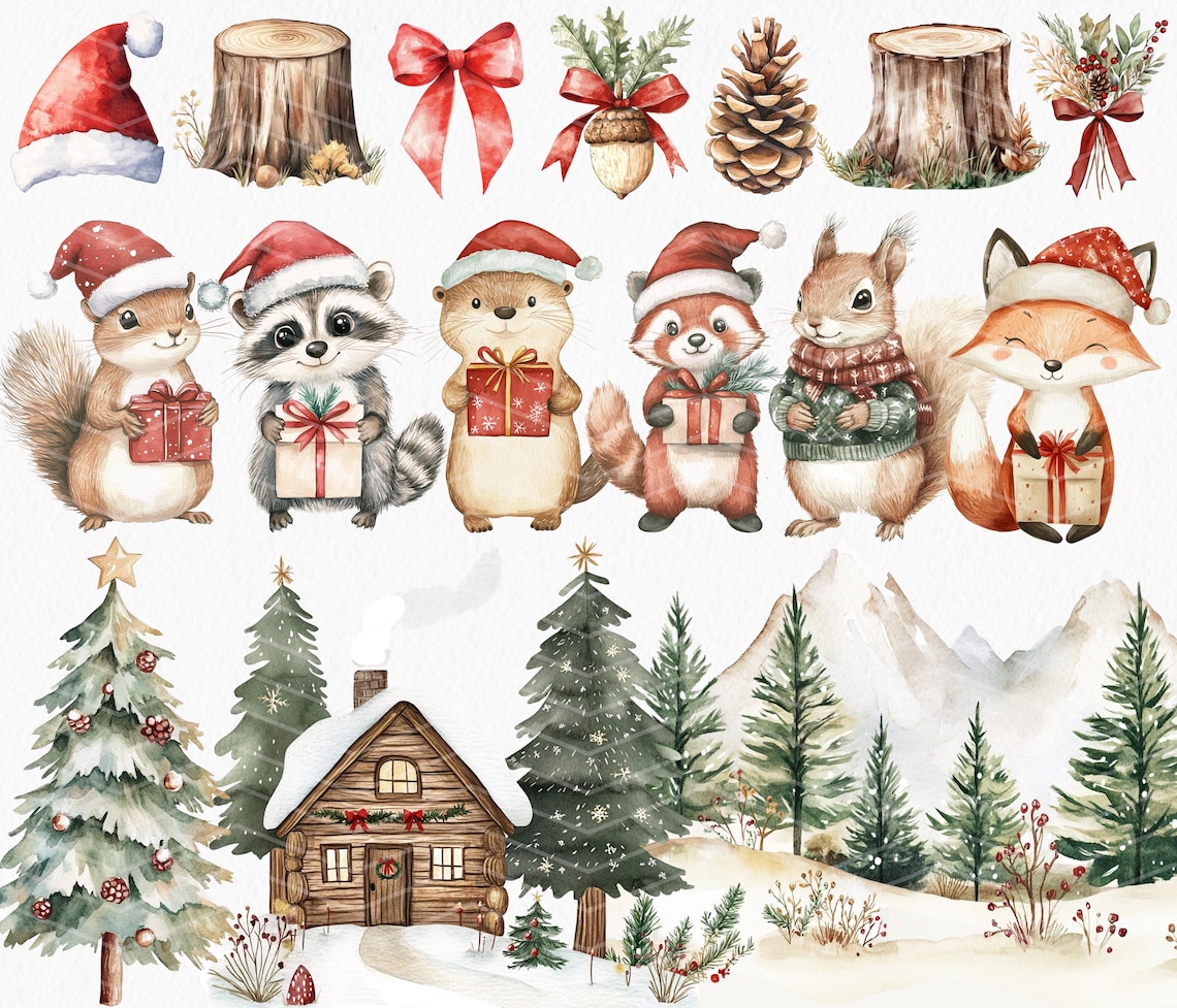 Christmas Woodland Animals Clipart Bundle: Winter Forest Graphics ...