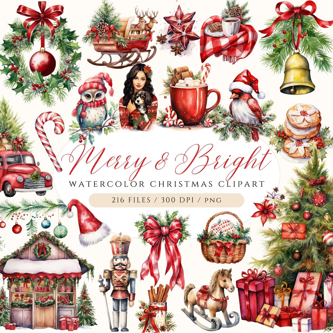 Watercolor Christmas Clipart Set, Classic Christmas Clipart Bundle, Red ...