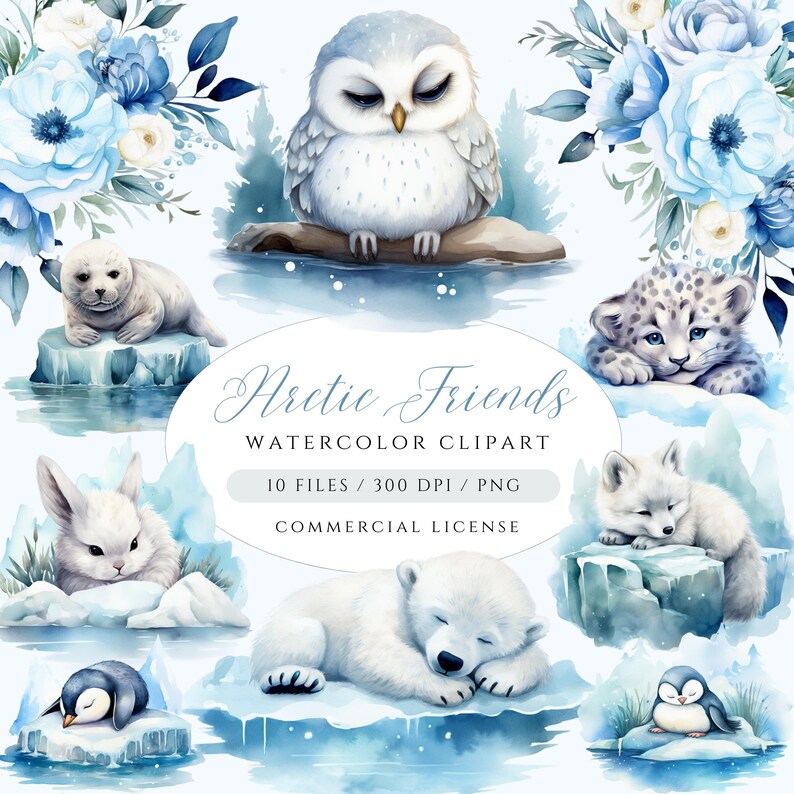 Watercolor Arctic Animals Clipart: Winter Wonderland PNG (digital ...