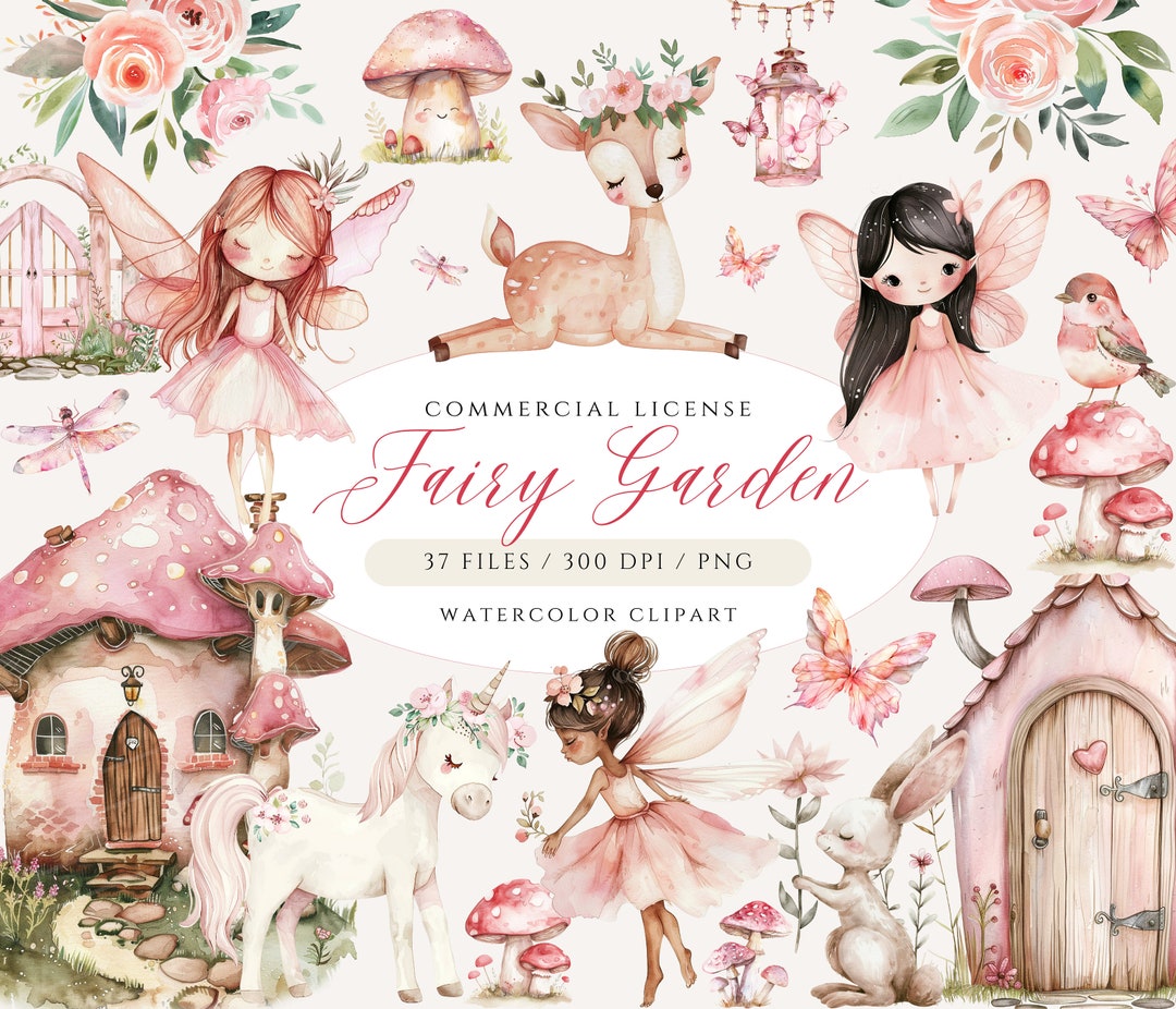 Watercolor Fairy Clipart: Pink Fairy, Unicorn, Deer (PNG Digital ...