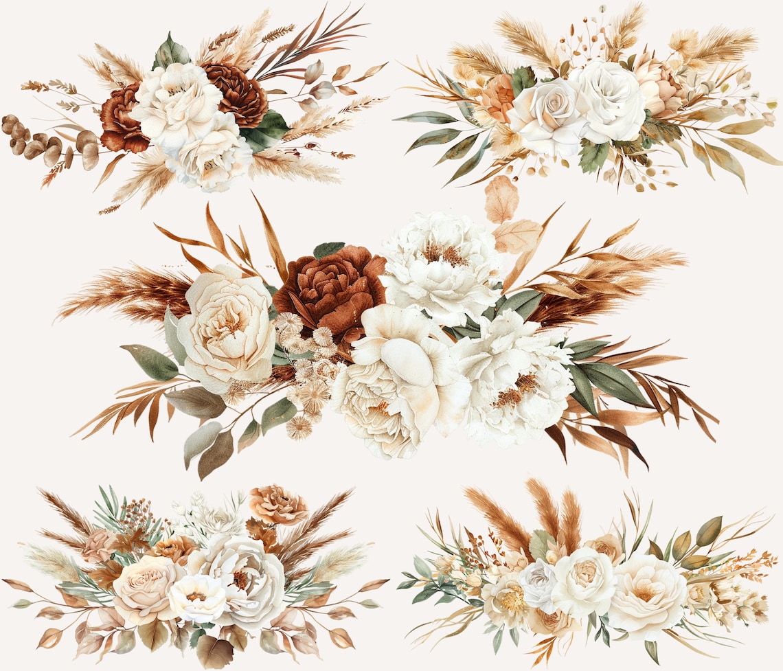 Boho Terracotta Floral Clipart: Autumn Watercolor Flowers (digital ...