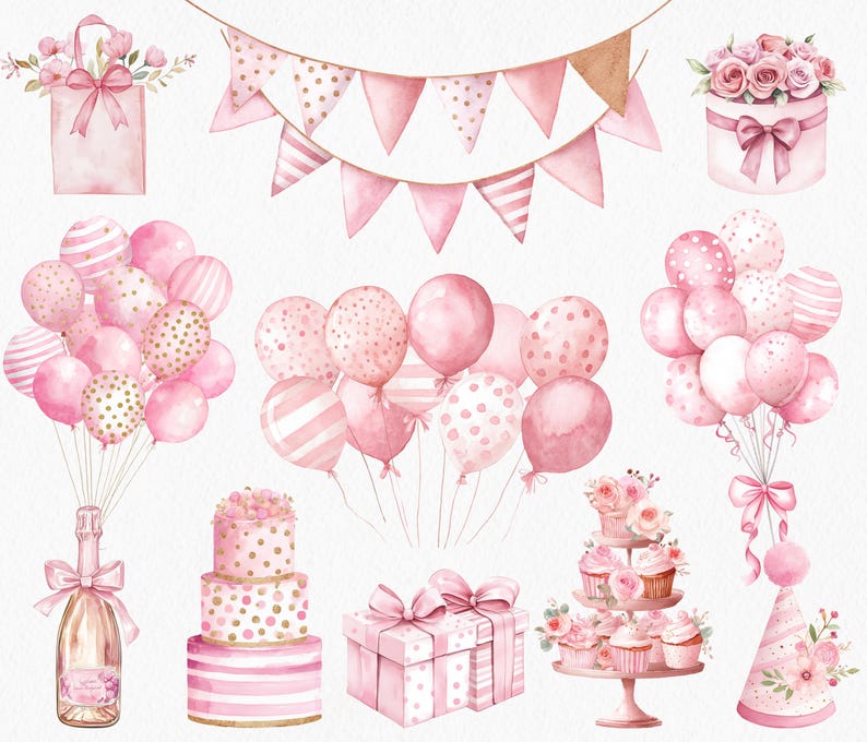 Watercolor Pink Birthday Clipart: Boho Party Graphics (digital Download ...