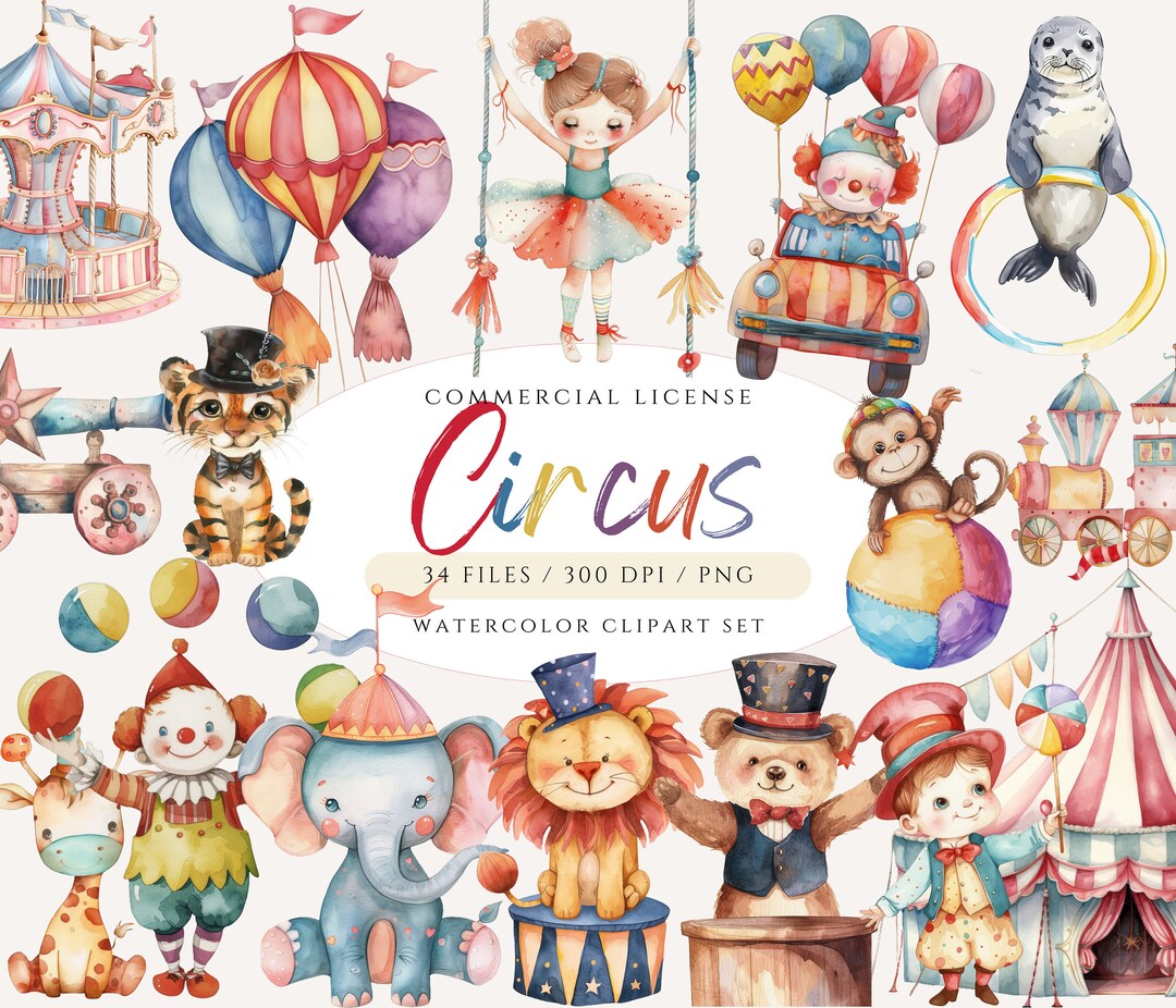 Cute Circus Clipart, Watercolor Circus PNG, Circus Party, Circus ...