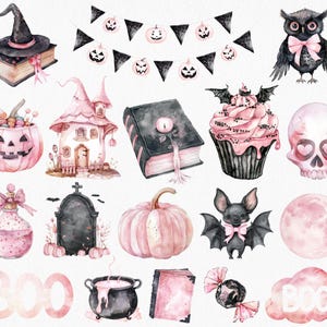 Pink Halloween Clipart Set, Watercolor Ghost, Owl, Witch (PNG, Digital ...