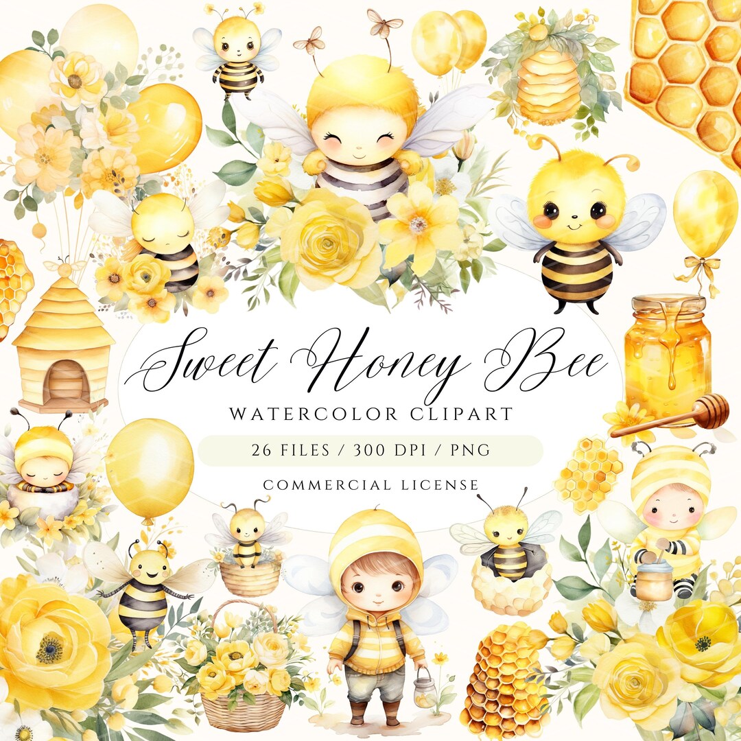 Sweet Honey Bee Clipart Cute Bee Clipart Watercolor Bee Clipart Baby ...