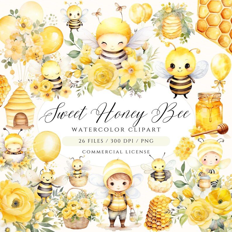 Sweet Honey Bee Watercolor Clipart: Baby Shower PNG (digital Download ...