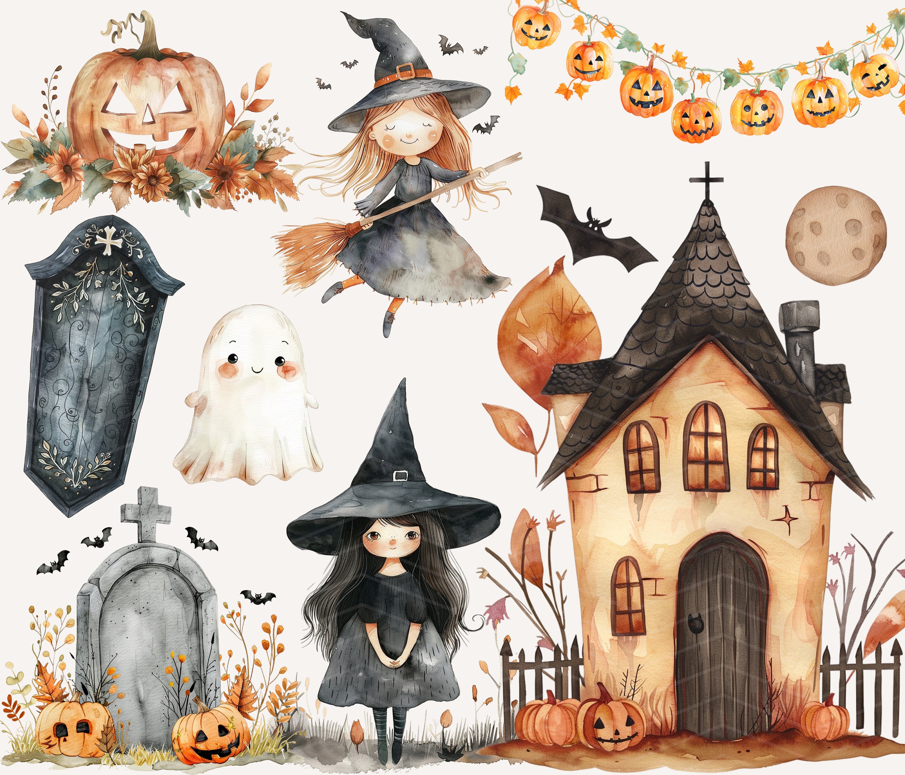 Halloween Clipart Bundle, Watercolor Witch, Pumpkin, Ghost (digital ...