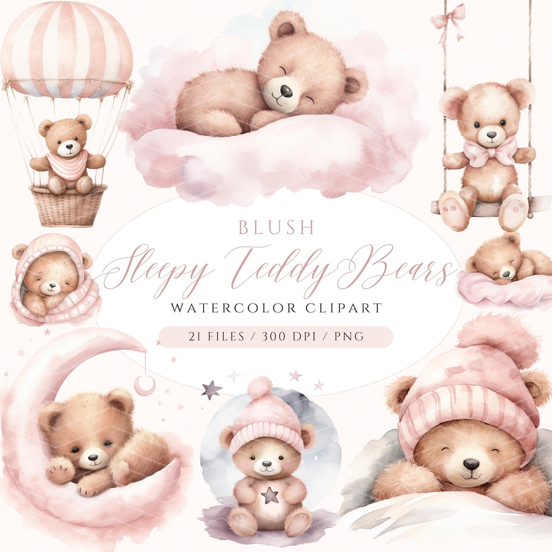 Pink Teddy Bear Clipart: Sleepy Watercolor Bear Bundle (digital ...