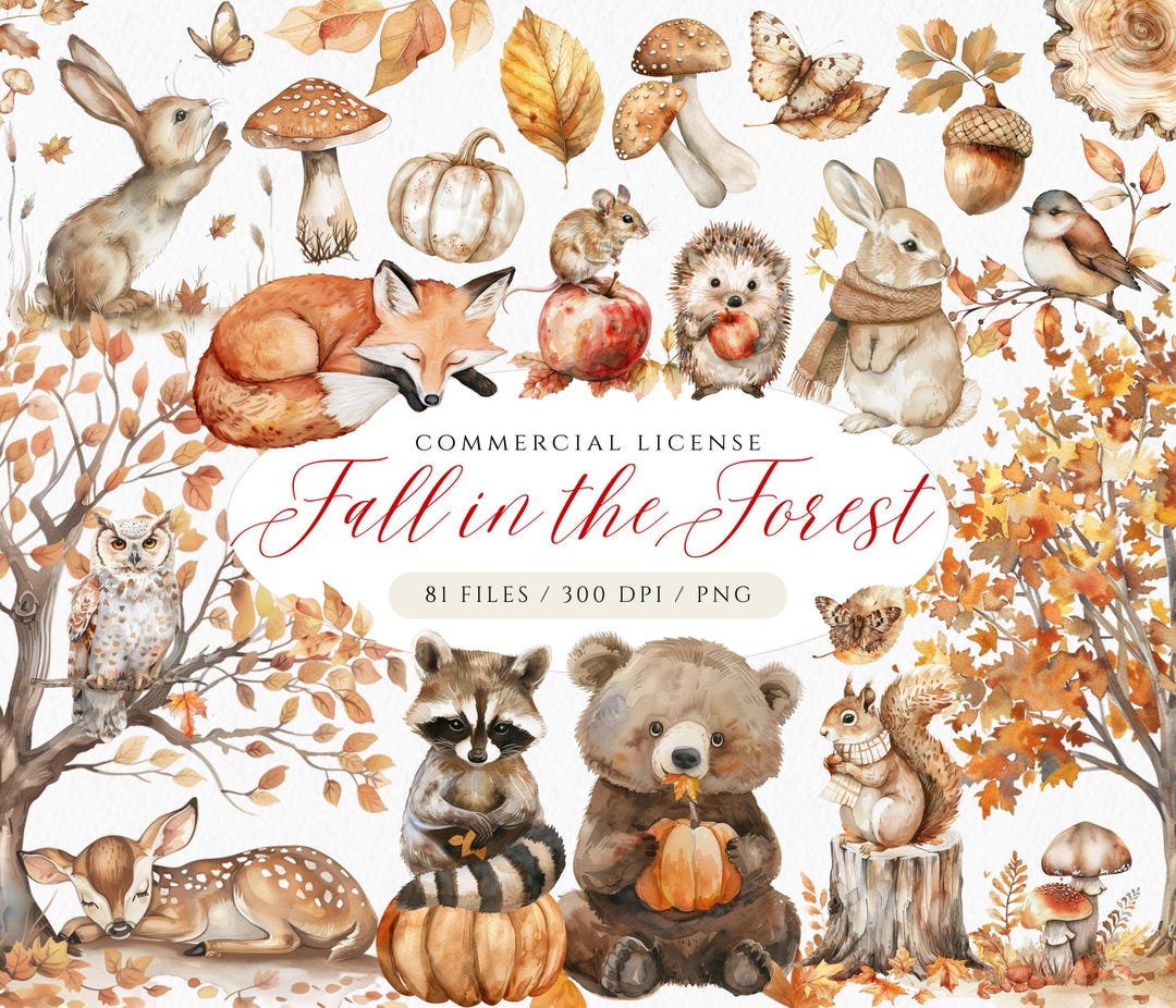 Fall Woodland Clipart: Watercolor Forest Animals, Wreaths, and Borders ...