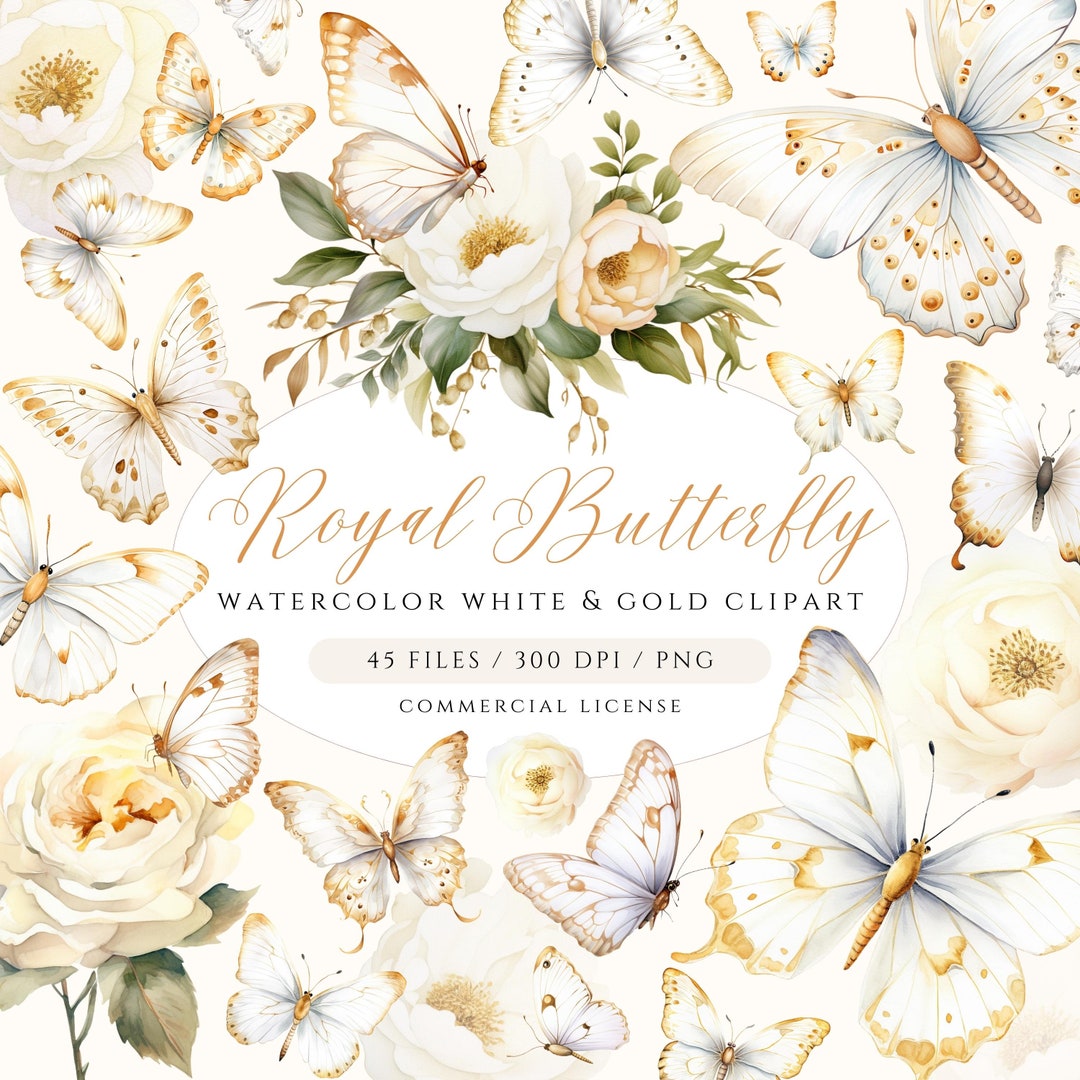 Watercolor Butterfly Clipart: White & Gold PNG Graphics (commercial Use ...