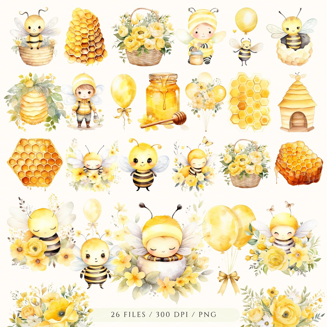 Sweet Honey Bee Watercolor Clipart: Baby Shower PNG (digital Download ...