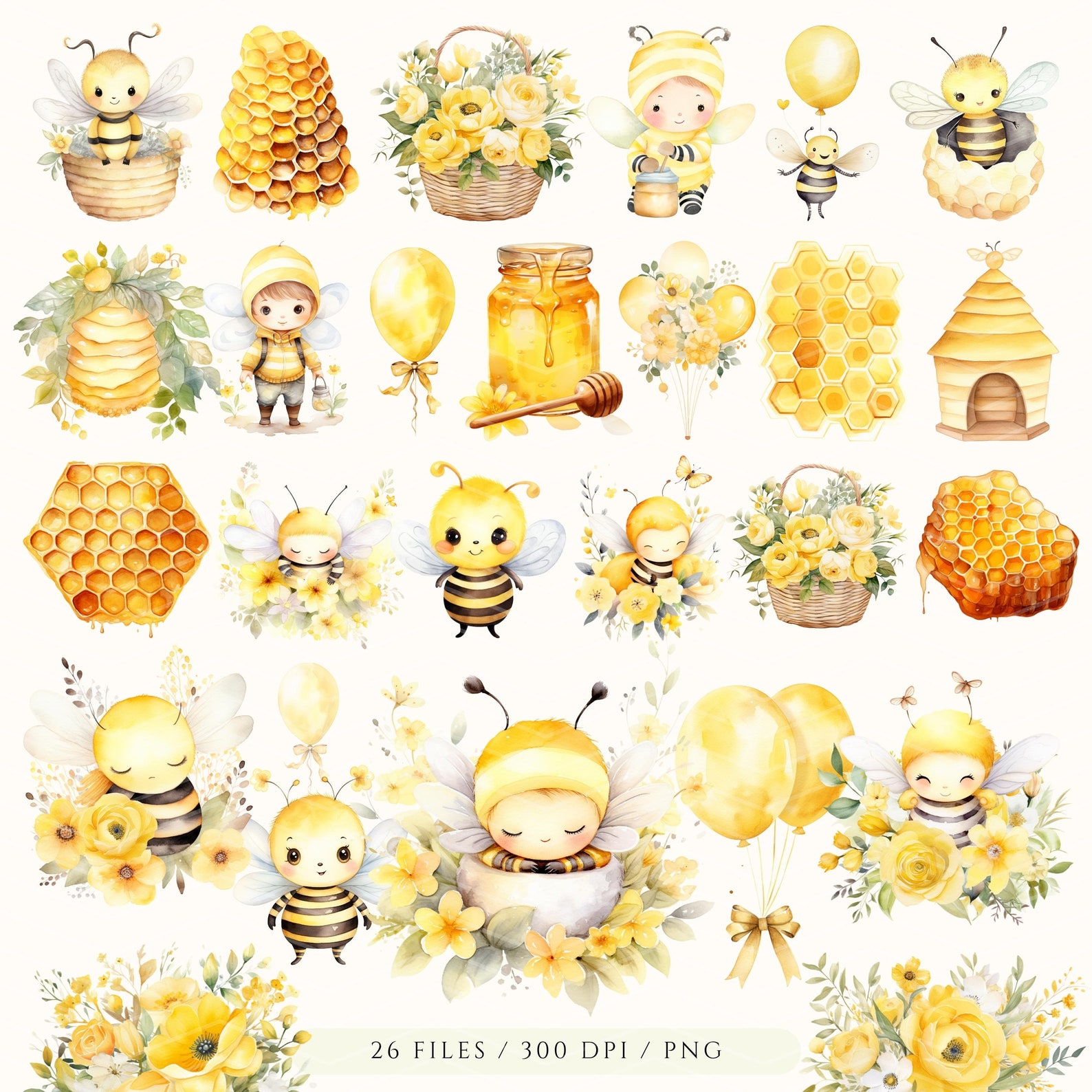 Sweet Honey Bee Watercolor Clipart: Baby Shower PNG (digital Download ...