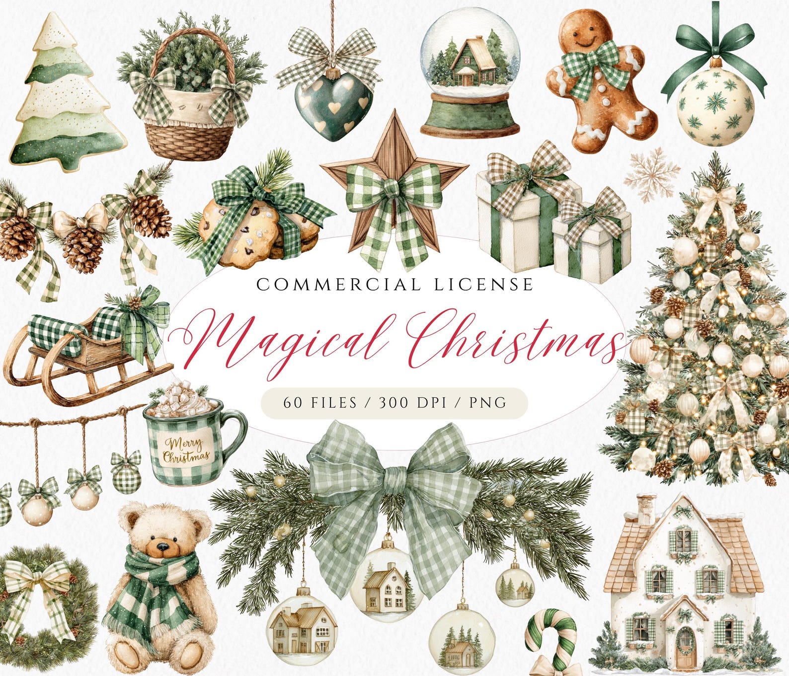 Neutral Christmas Clipart Bundle: Watercolor Rustic Christmas Graphics ...