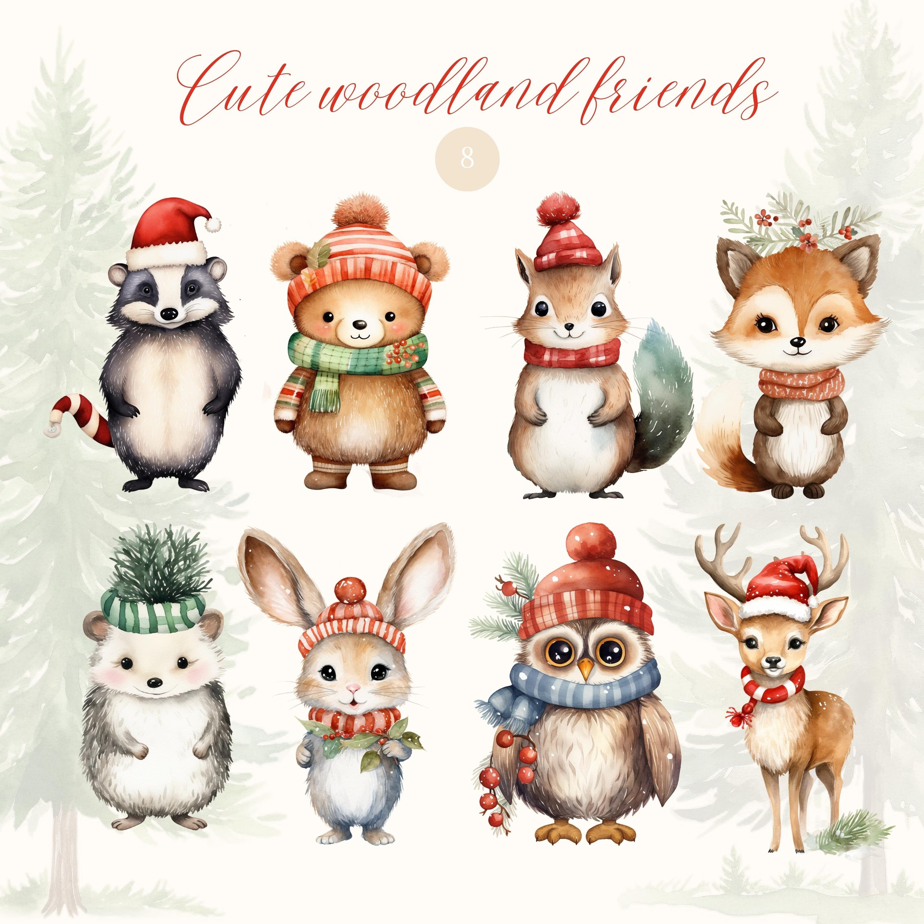 Watercolor Christmas Woodland Animals Clipart (digital Download) - Etsy