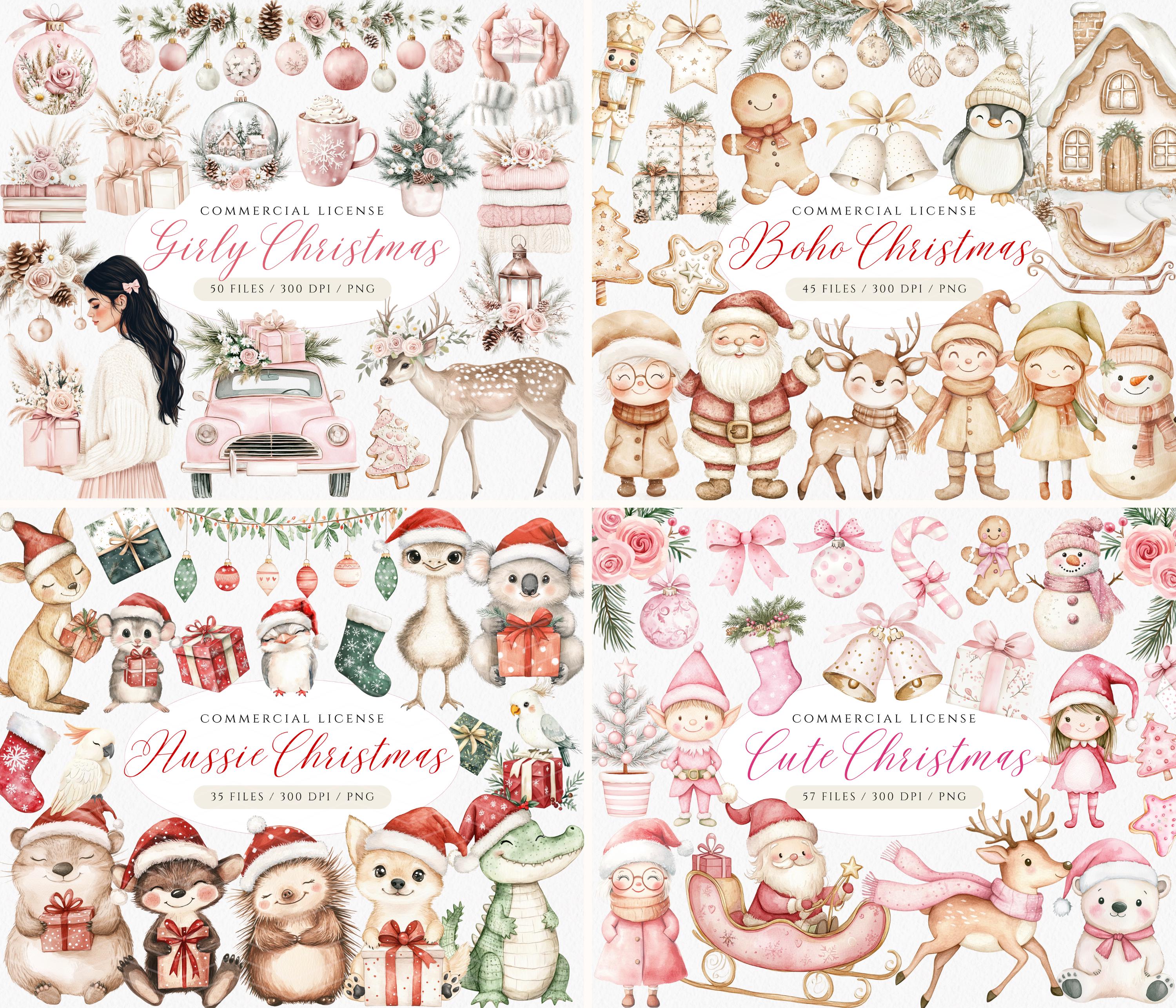 1300+ Watercolor Christmas Clipart Bundle: Boho, Woodland, Pink Xmas ...