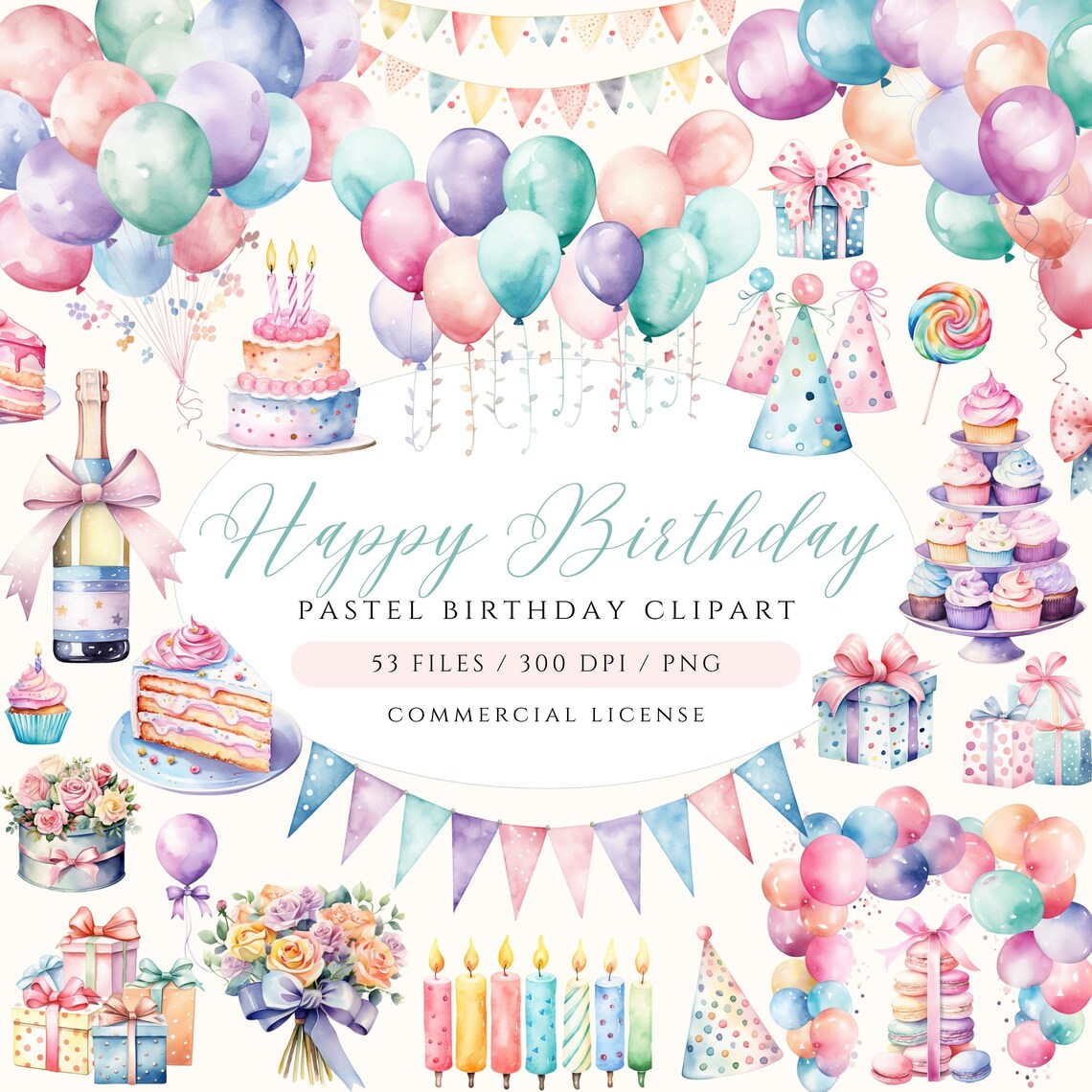 Watercolor Pastel Birthday Clipart Bundle (digital Download) - Etsy
