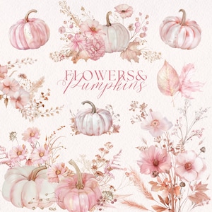 Blush Floral Pumpkin Watercolor Clipart: Pink Autumn Flowers (PNG) - Etsy