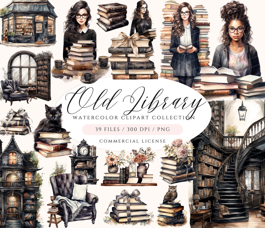 Vintage Black Book Clipart: Old Library Watercolor PNG (digital ...