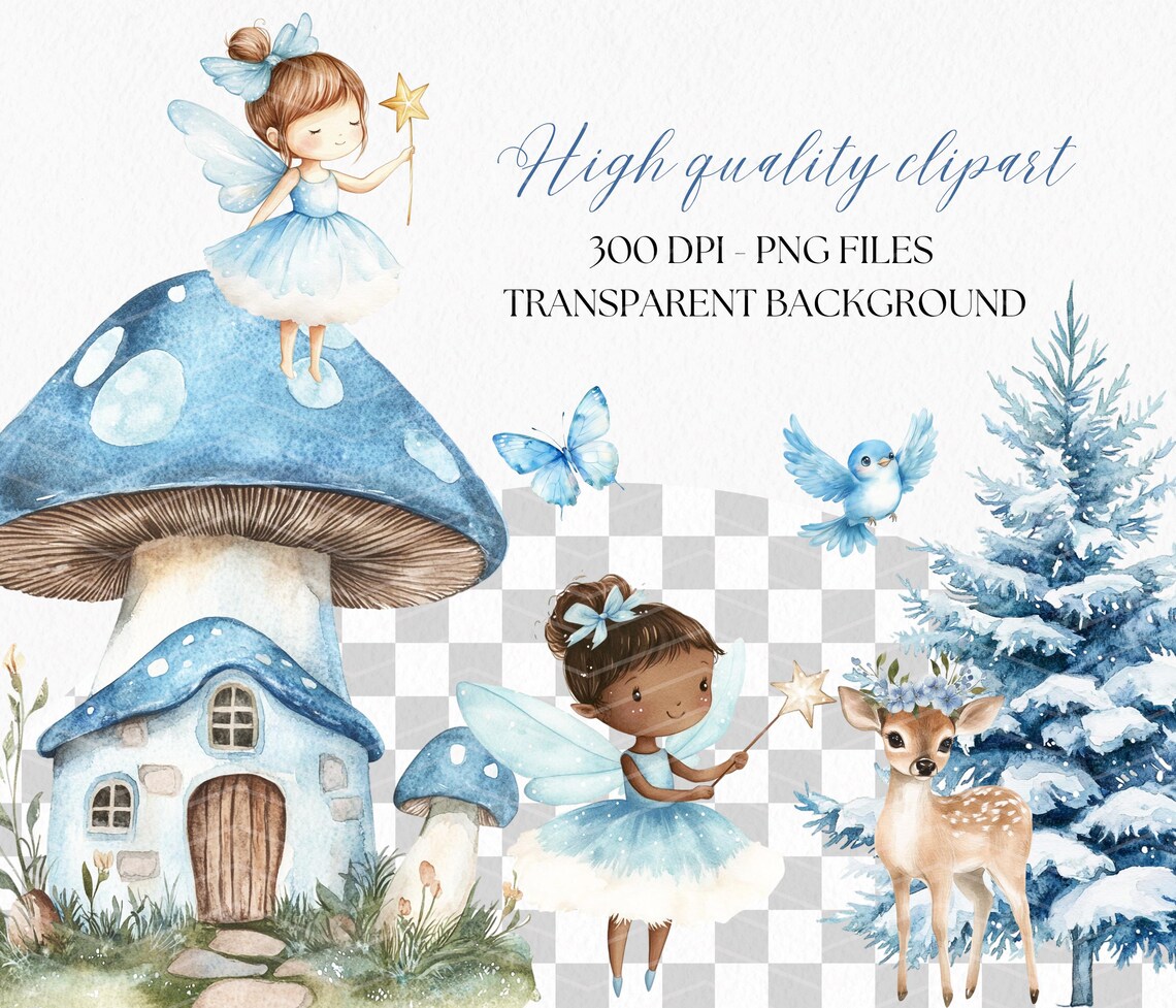 Watercolor Winter Fairy Clipart: Blue Princess PNG, Woodland Animals ...