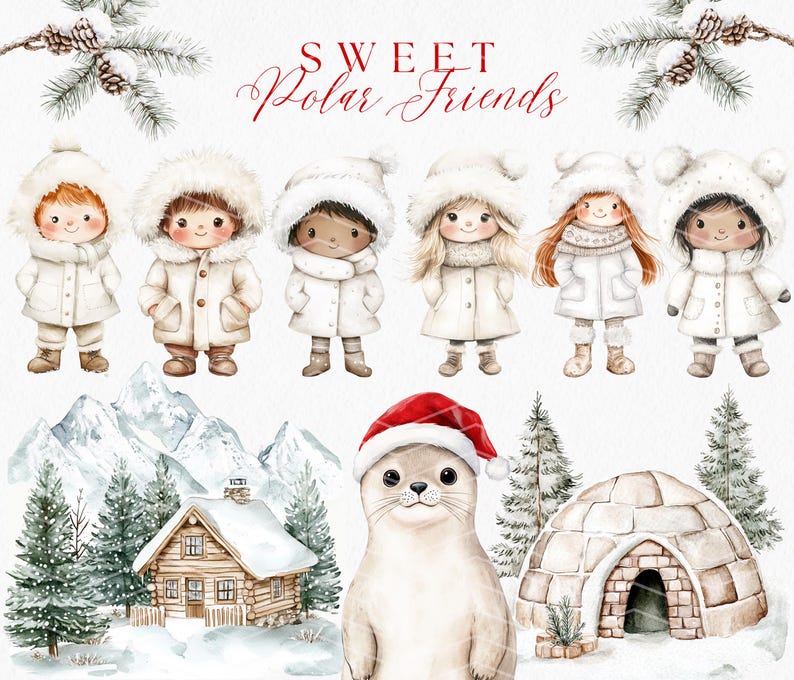 Watercolor Arctic Animals Clipart: Christmas Polar Friends PNG (36 ...