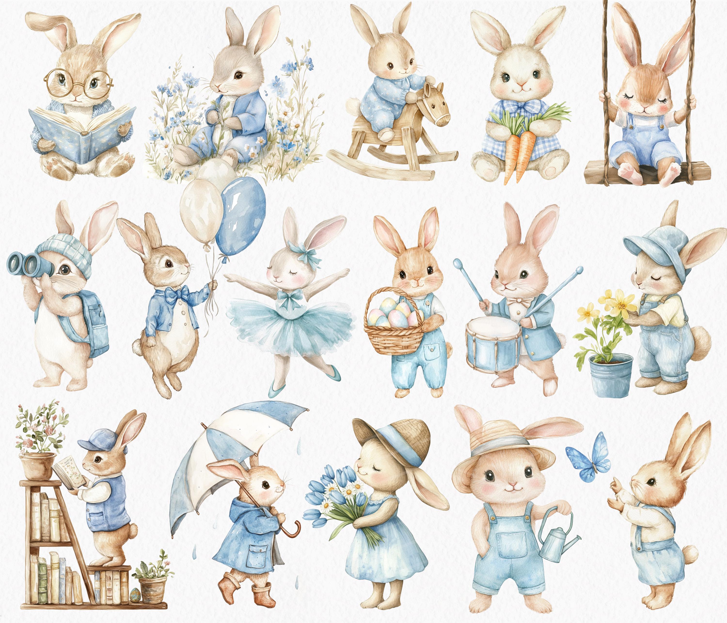Watercolor Blue Bunny Clipart Bundle: Vintage Rabbit Nursery Designs ...